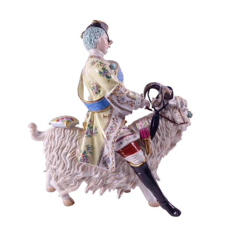 Reproduction Meissen "Tailor on a Goat" Porcelain Large Figurine, Hand ...