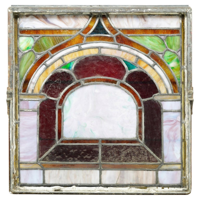 Rescued 2 Foot Square Arched Stained Glass Window For Sale at 1stDibs