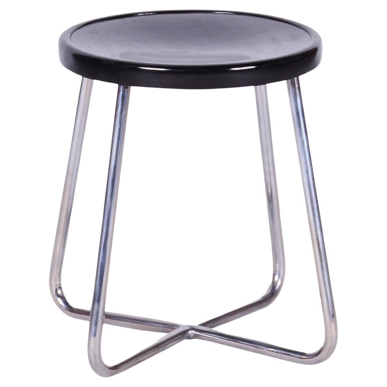 Restored Bauhaus Black Stool, Beech, Chrome-Plated Steel, Czechia ...