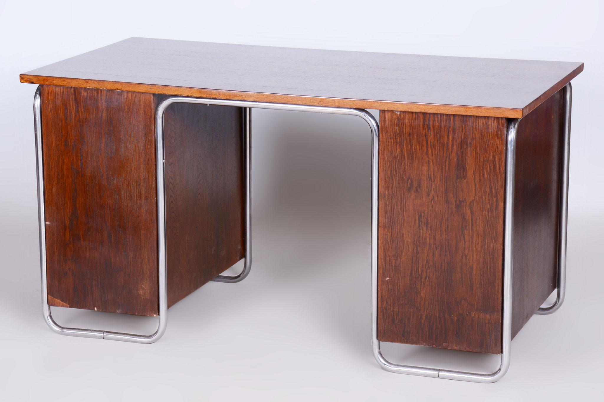Restored Bauhaus Oak Writing Desk, Vichr a spol., Chrome, Steel ...