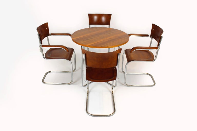 Restored Bauhaus Tubular Steel Set, Round Table and Four Chairs by Mart ...