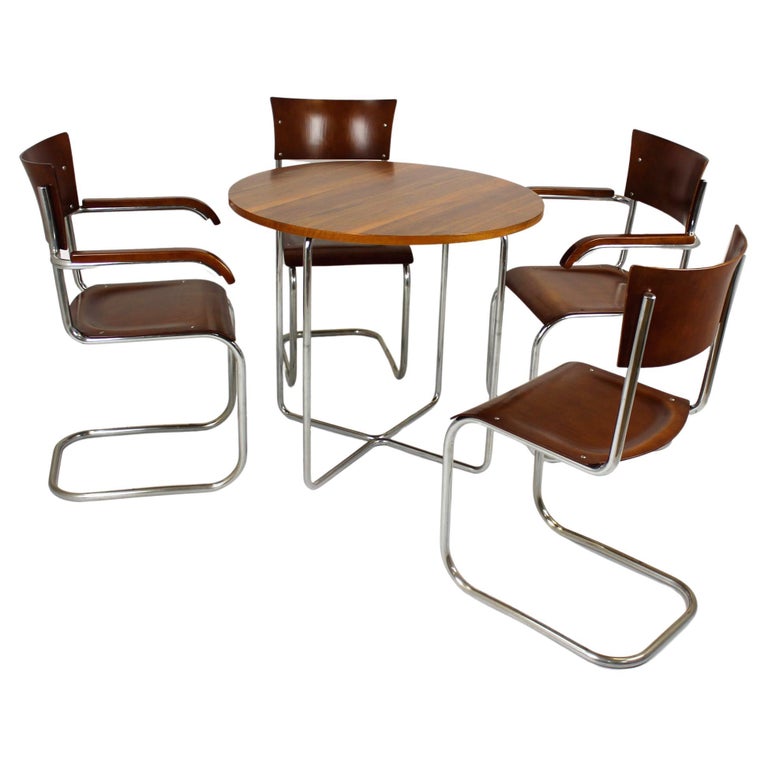 Restored Bauhaus Tubular Steel Set, Round Table and Four Chairs by Mart ...