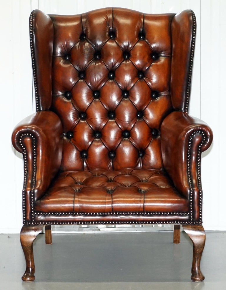 Restored Brown Leather Chesterfield Library Club Wingback Armchair and ...