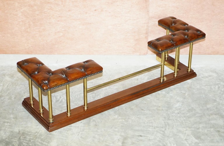 Restored Chesterfield Victorian Brass Brown Leather Fireplace Club ...