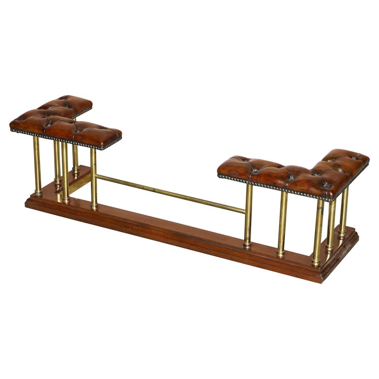 Restored Chesterfield Victorian Brass Brown Leather Fireplace Club ...