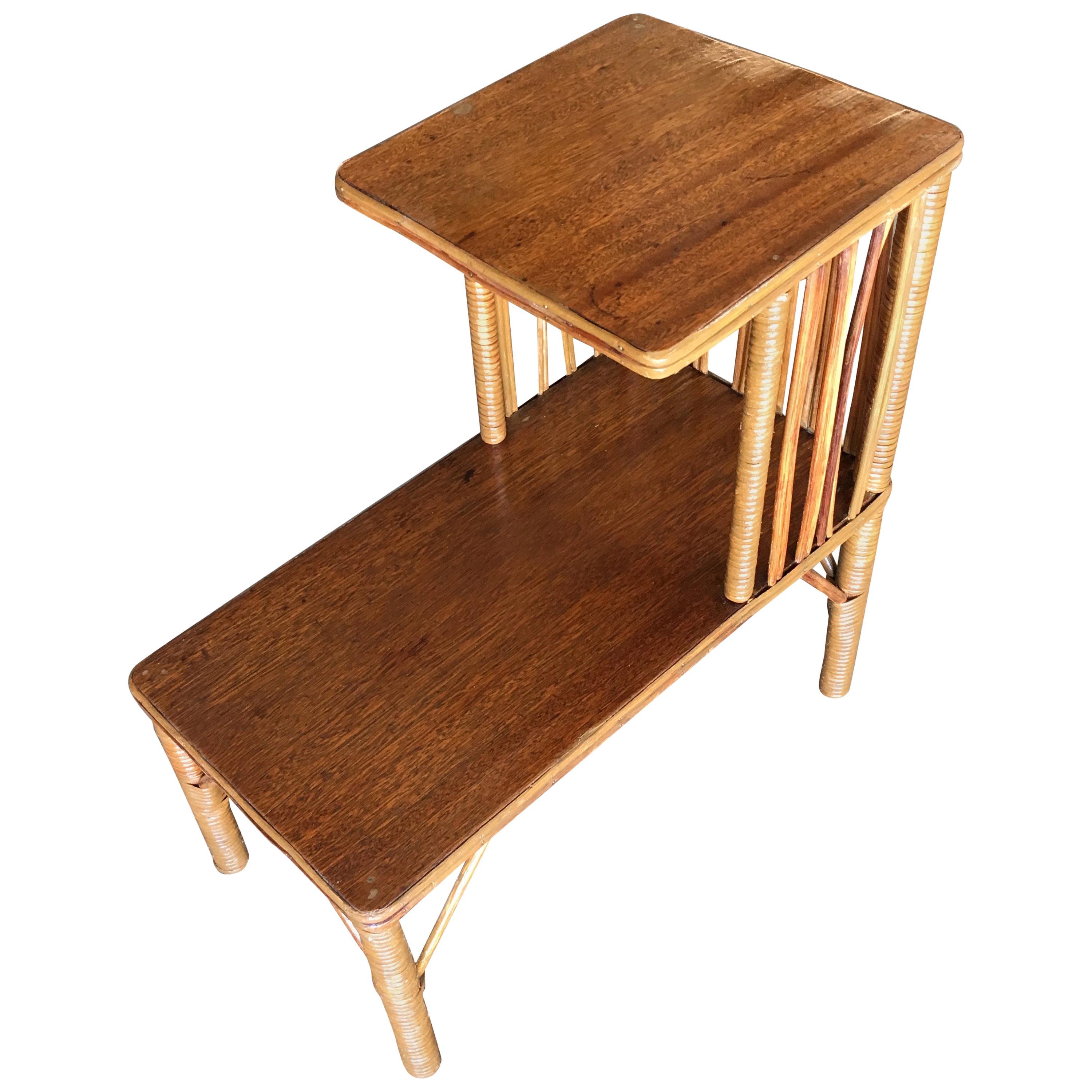 Restored Stick Leg Rattan Side Table with Two-Tier Wood Tops For Sale ...