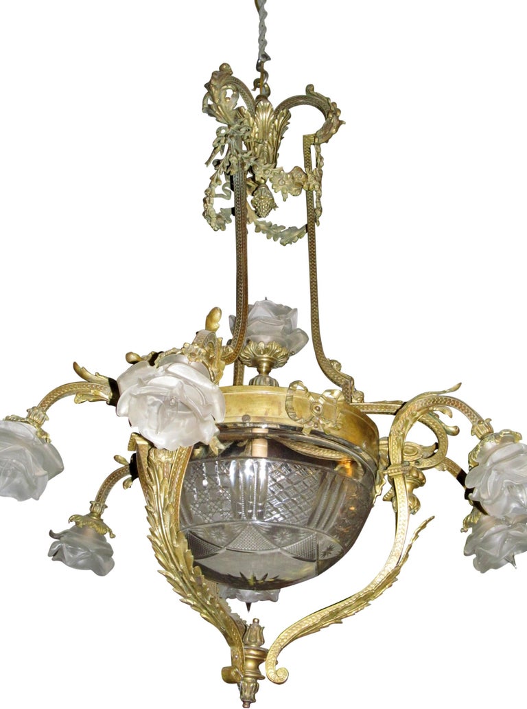 Restored French Bronze Art Nouveau Chandelier Etched Glass Shades For ...