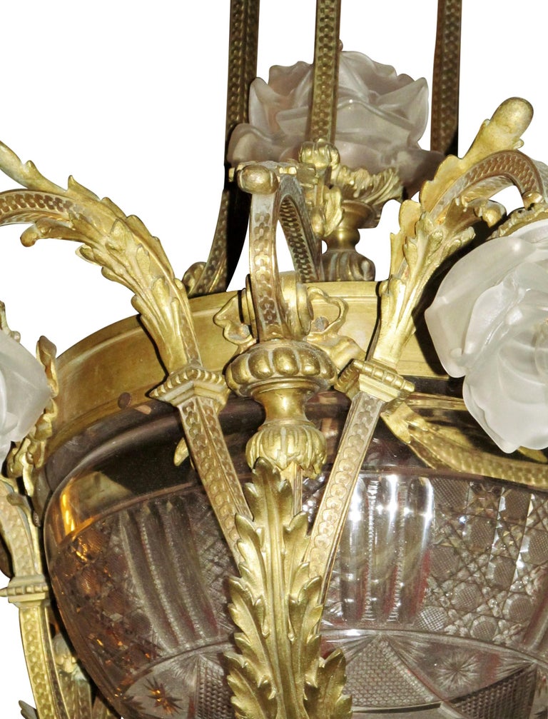 Restored French Bronze Art Nouveau Chandelier Etched Glass Shades For ...