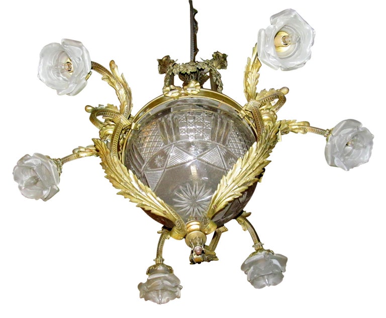 Restored French Bronze Art Nouveau Chandelier Etched Glass Shades For ...