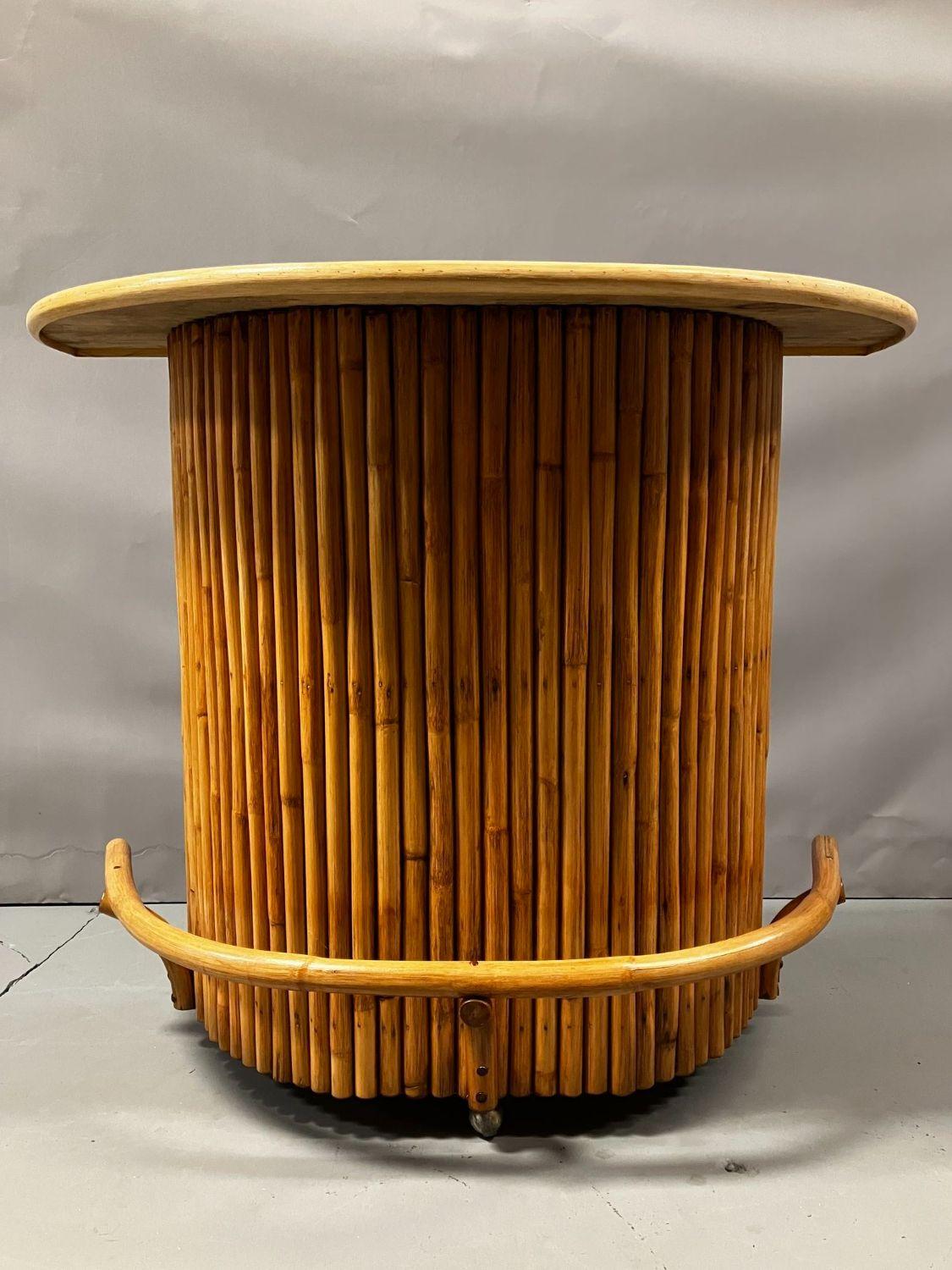 Restored Half Round Mid Century Rattan Bar w/ Foot Rest For Sale at 1stDibs