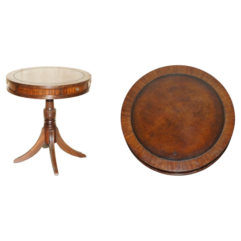 Restored Hardwood Cigar Brown Leather Side End Lamp Wine Drum Table ...