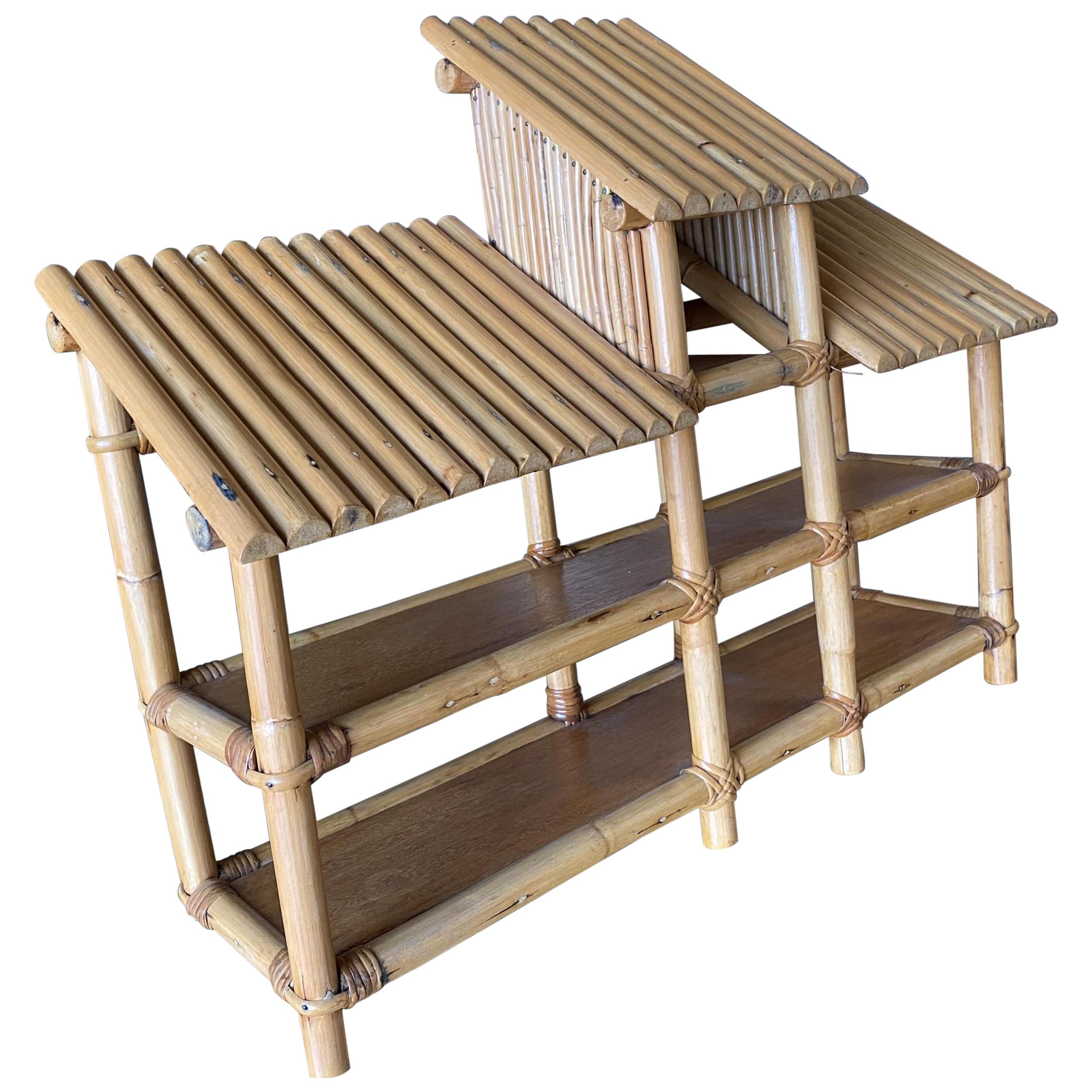 Midcentury Circular Rattan Wall Hanging Shelf with Slat Glass Tiers at ...