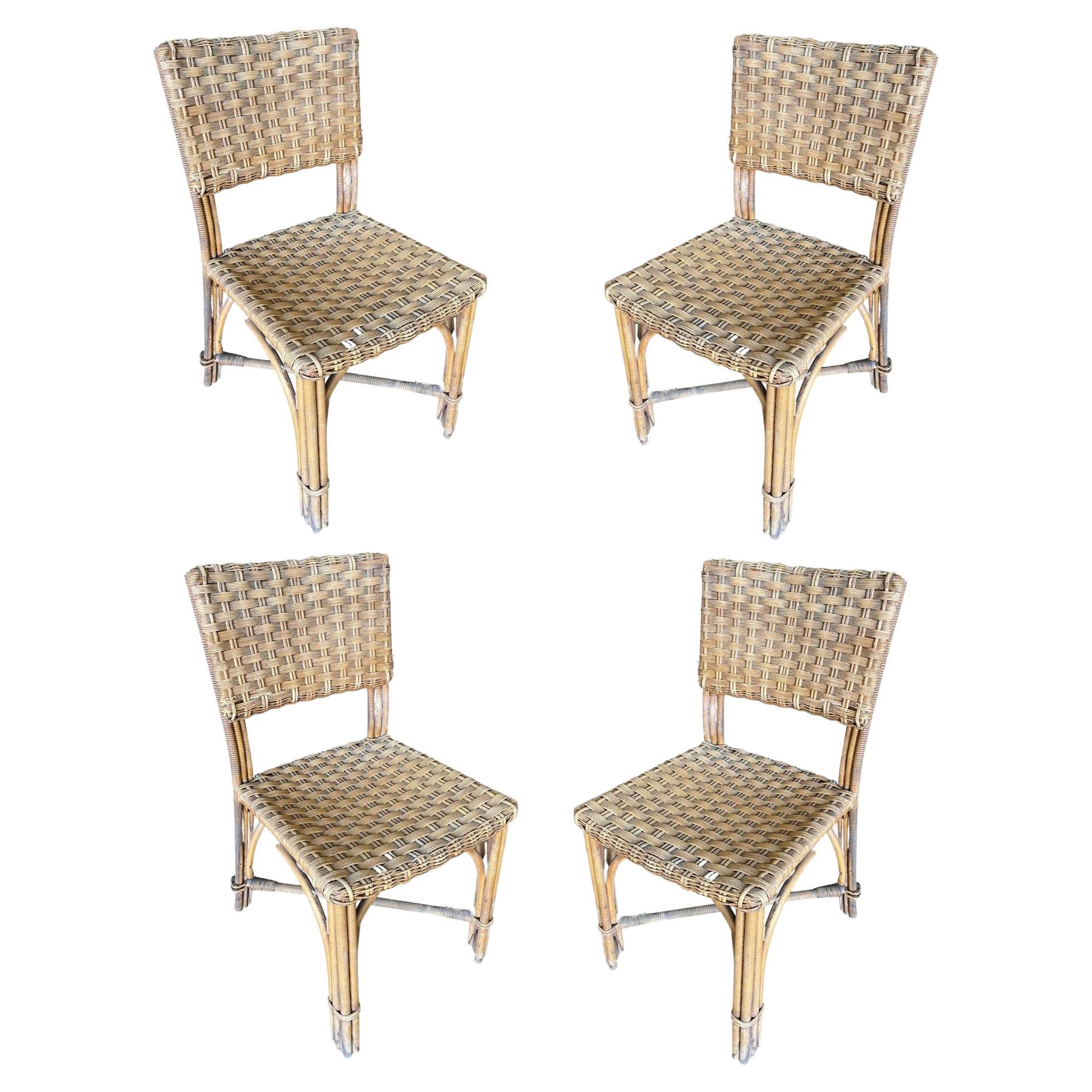 Restored Midcentury Era Rattan Dining Side Chairs with Wicker Woven ...