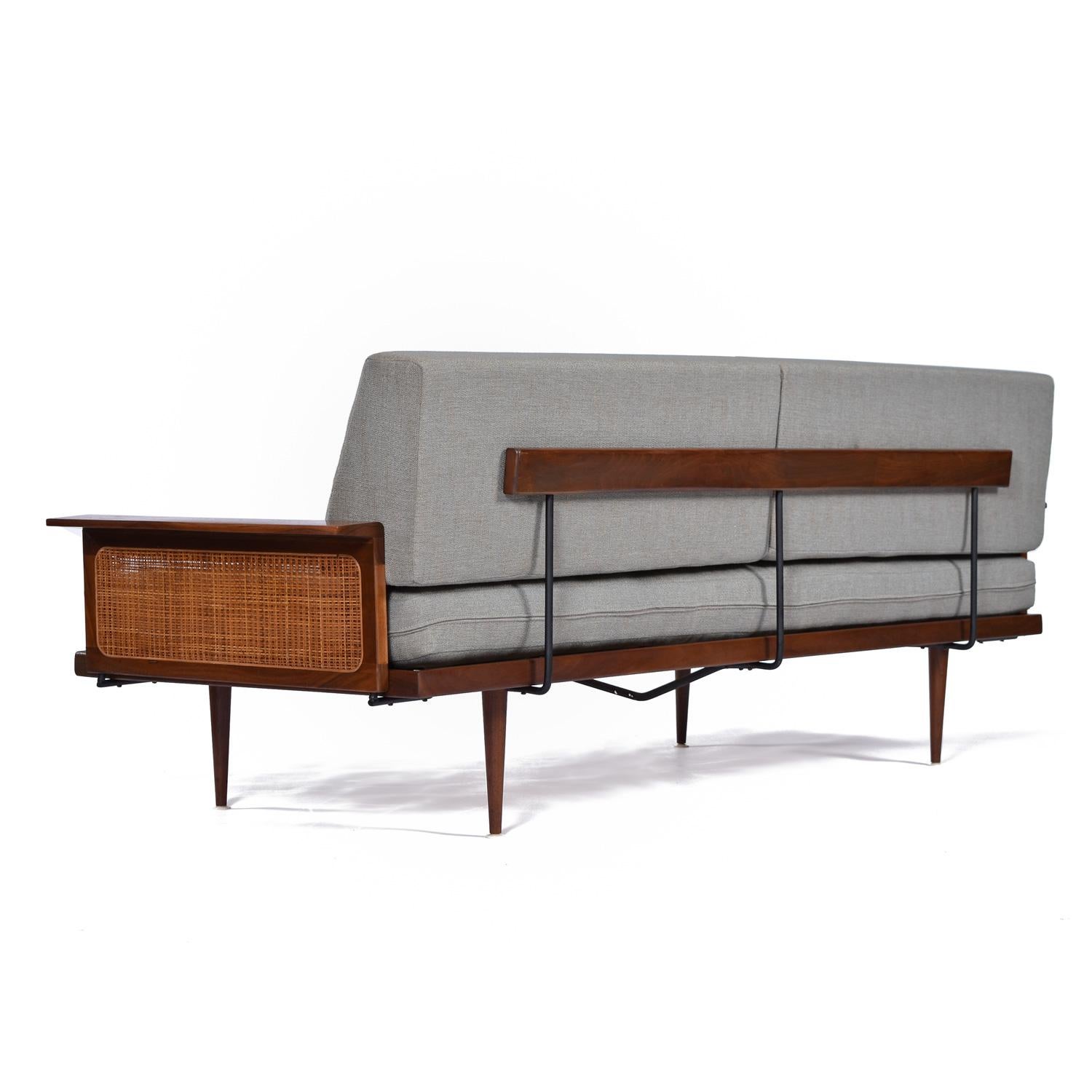 Restored Mid-Century Modern Walnut Cane Arm Daybed Sofa For Sale at 1stDibs