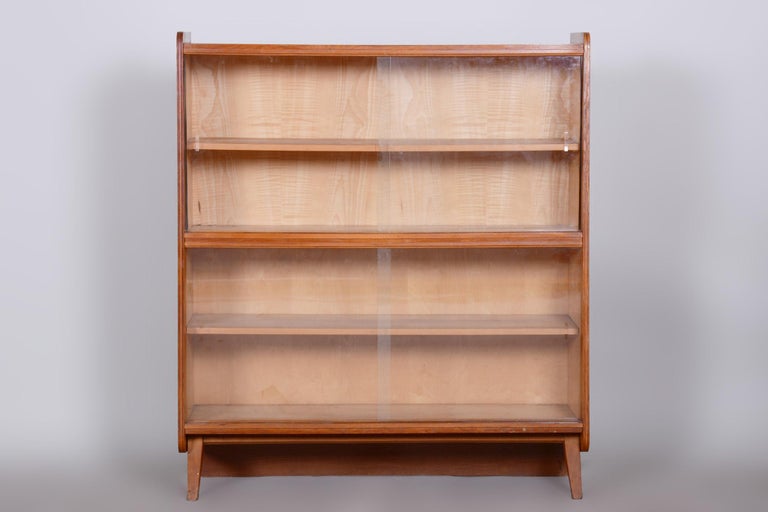 Restored Midcentury Oak Bookcase, Glass Doors, Revived Polish, Czechia ...