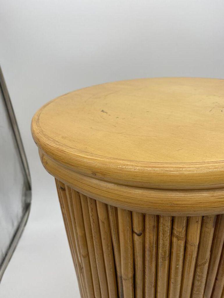 Restored Modern Vertically Stack Rattan Pedestal W/ Oak Top at 1stDibs