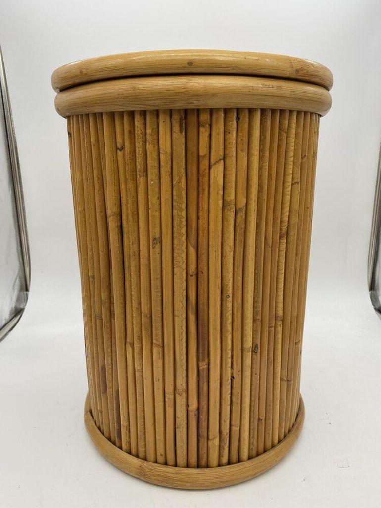 Restored Modern Vertically Stack Rattan Pedestal W/ Oak Top at 1stDibs