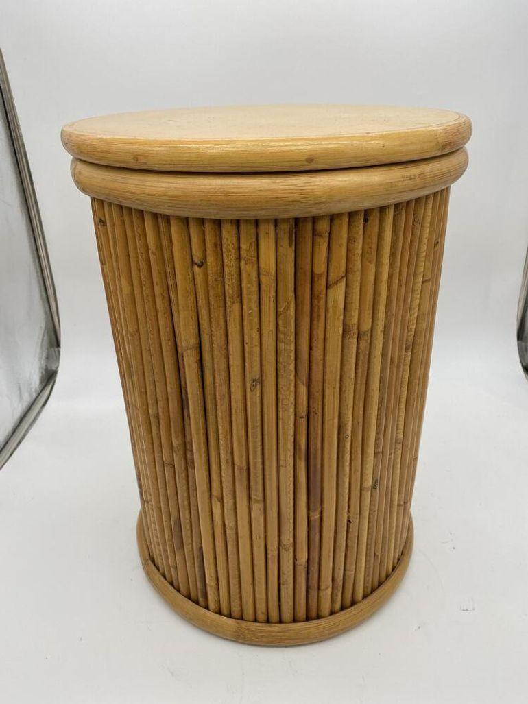 Restored Modern Vertically Stack Rattan Pedestal W/ Oak Top at 1stDibs
