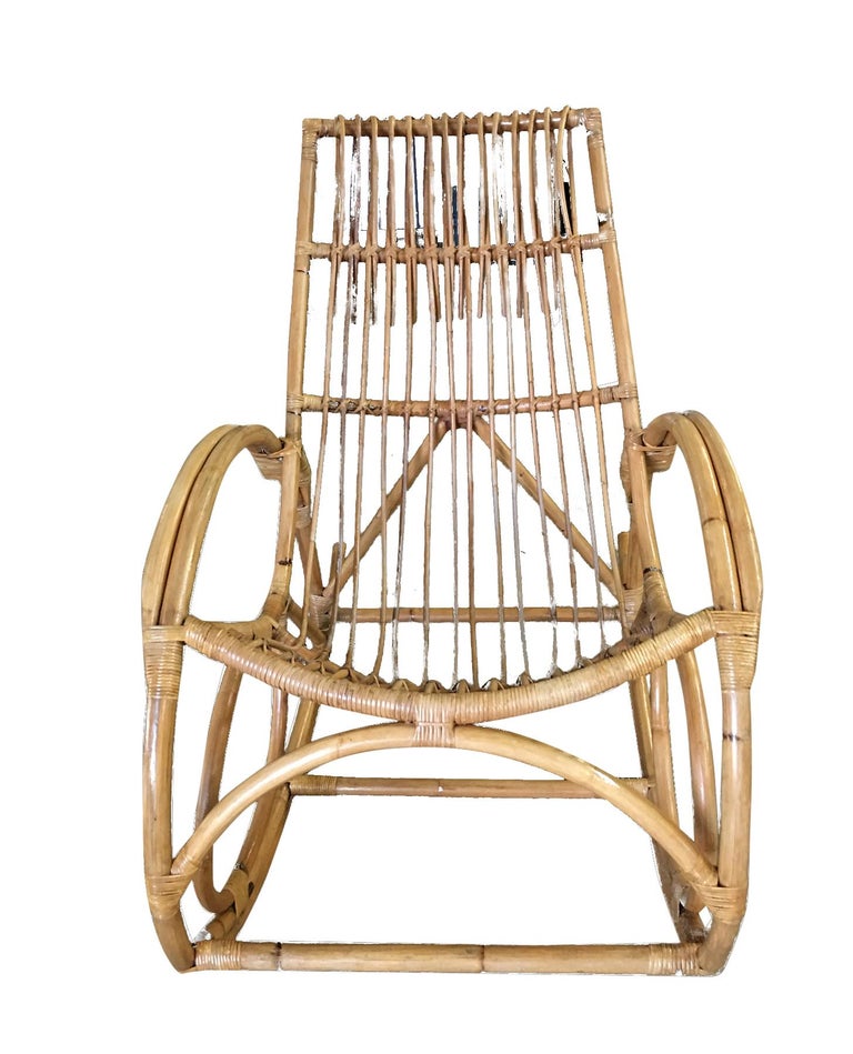 Restored Oversized Stick Rattan Rocking Chair in the Style of Franco ...