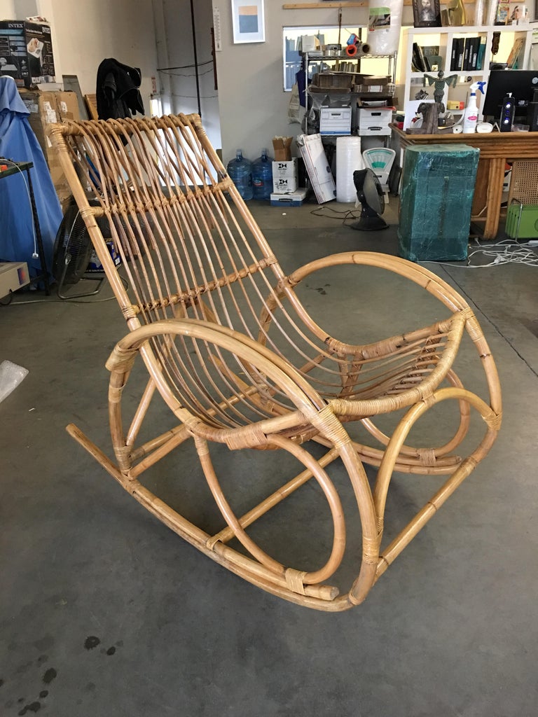 Restored Oversized Stick Rattan Rocking Chair in the Style of Franco ...