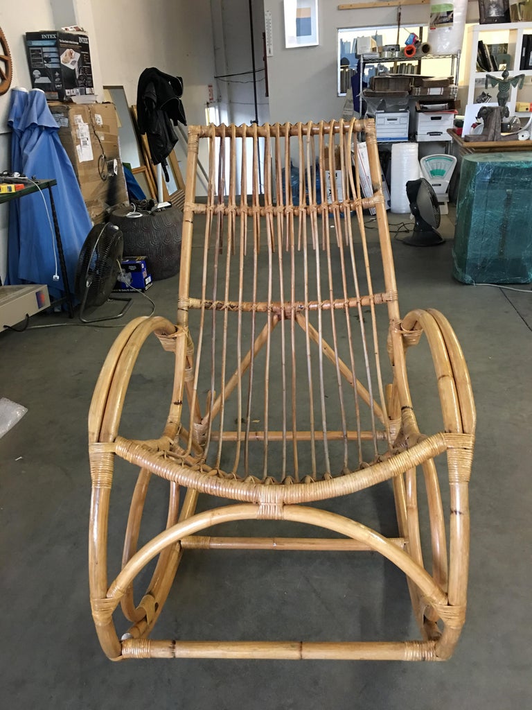 Restored Oversized Stick Rattan Rocking Chair in the Style of Franco ...