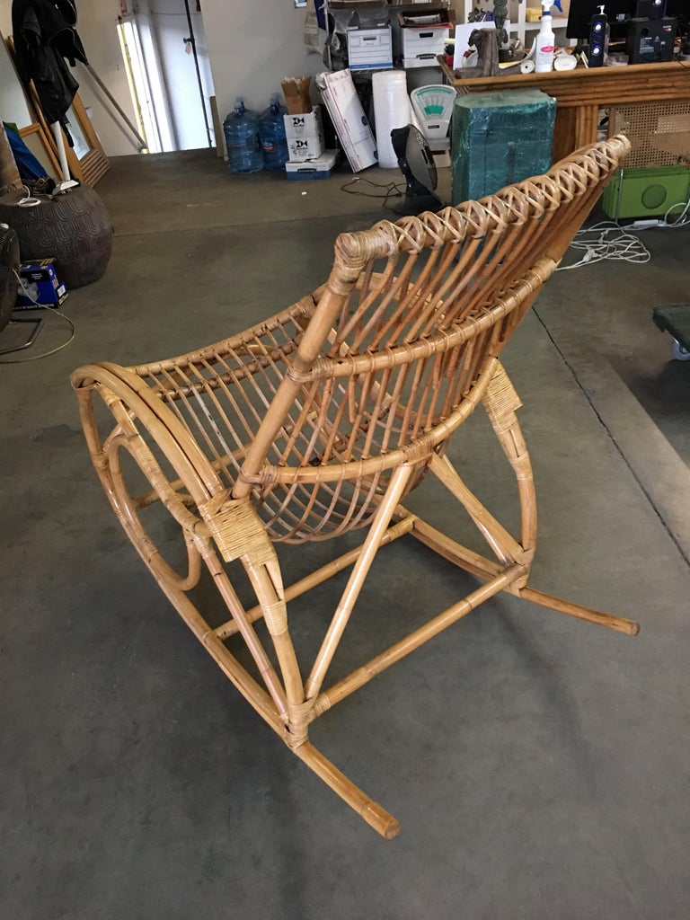 Restored Oversized Stick Rattan Rocking Chair in the Style of Franco ...
