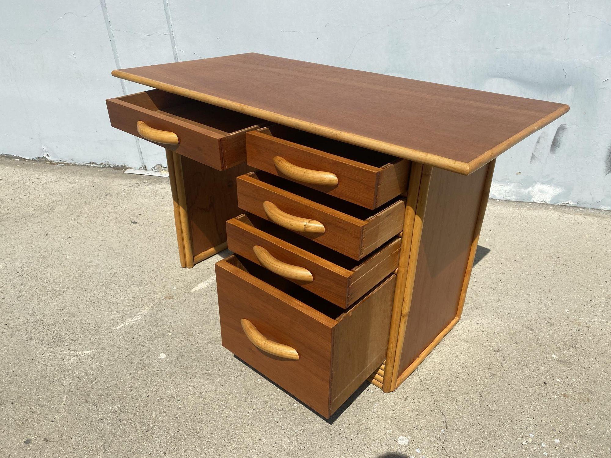 Restored Post-War Hawaiian Koa Wood Desk W/ Rattan Border For Sale at ...
