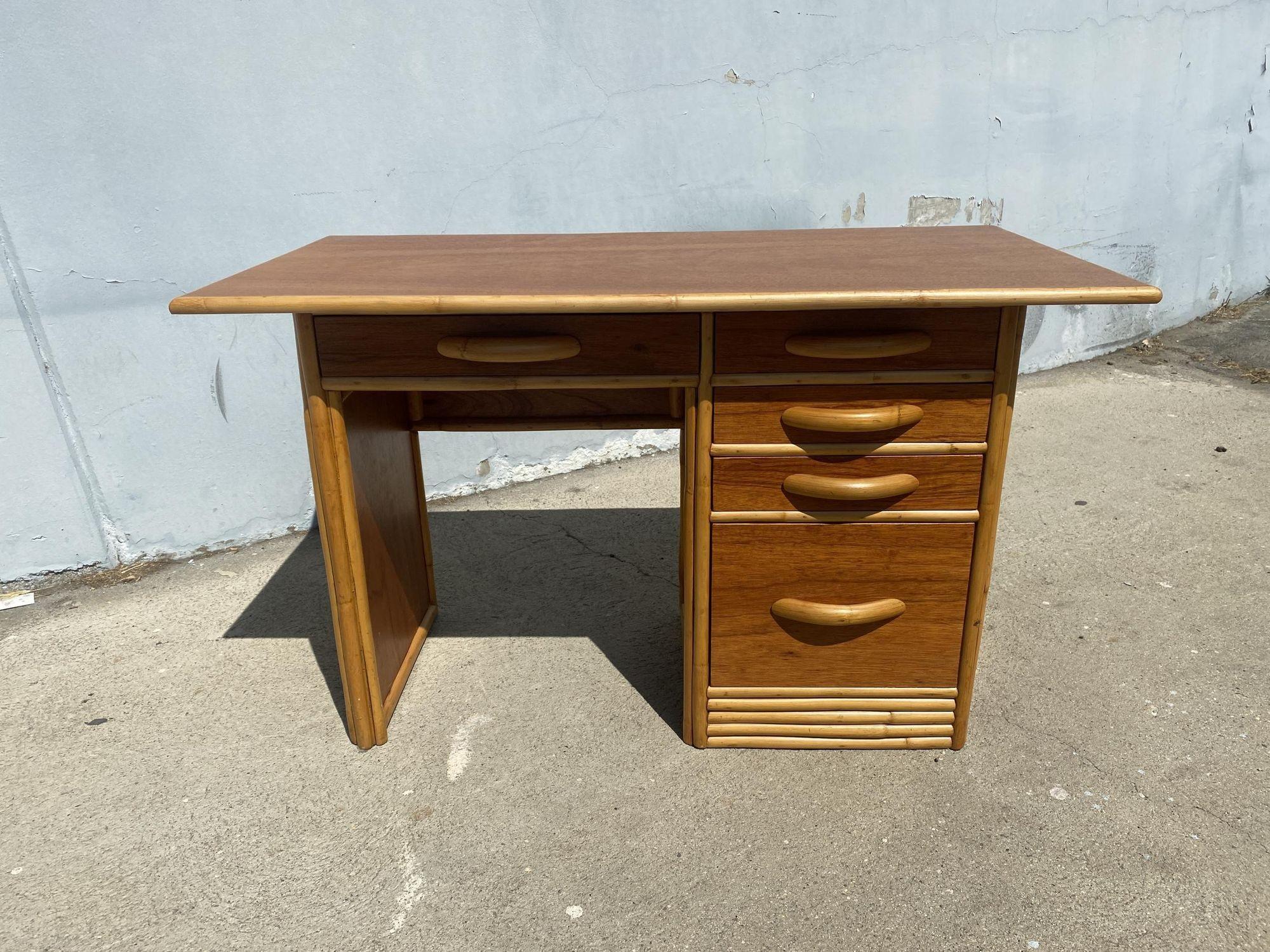 Restored Post-War Hawaiian Koa Wood Desk W/ Rattan Border For Sale at ...