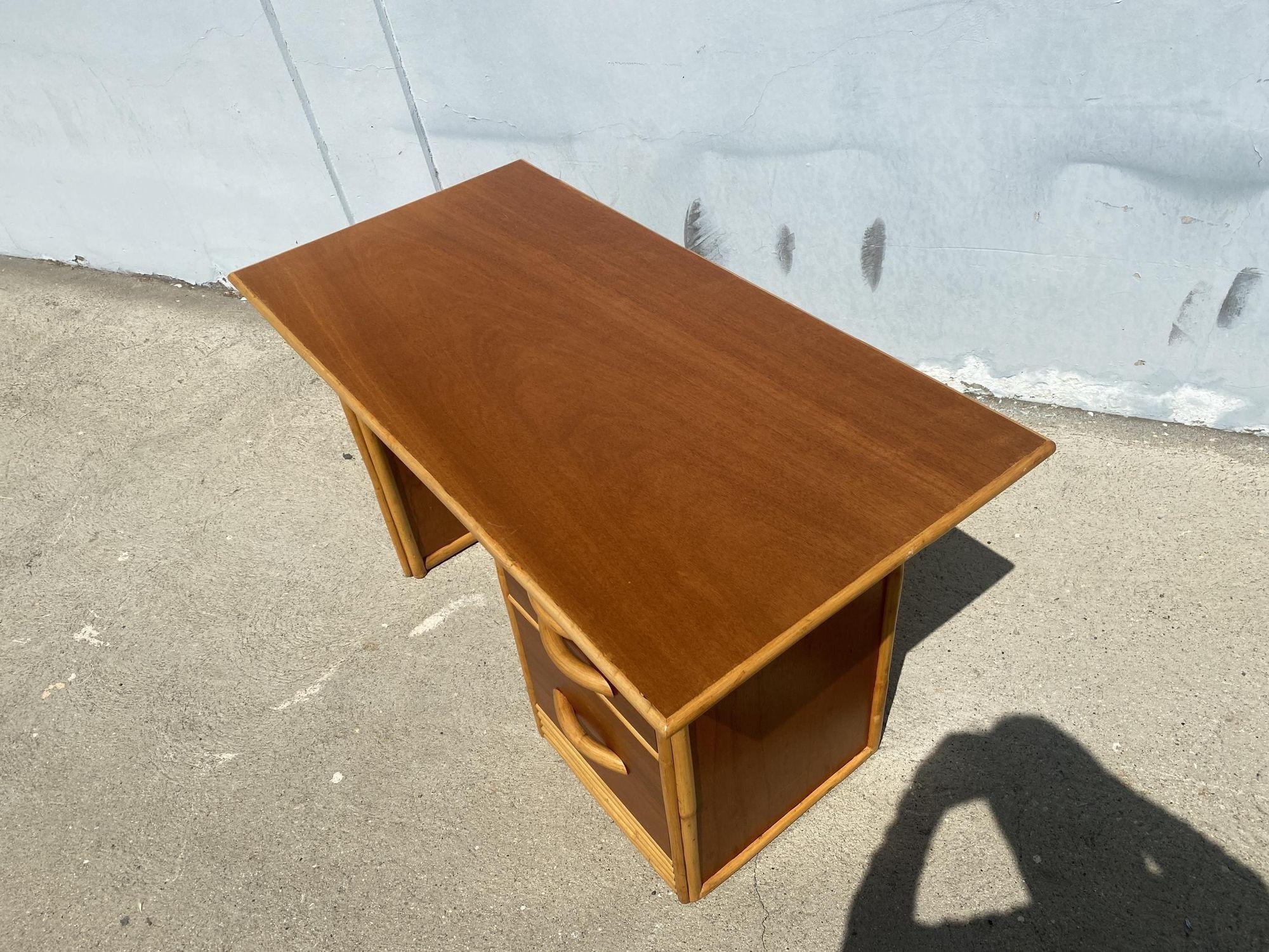 Restored Post-War Hawaiian Koa Wood Desk W/ Rattan Border For Sale at 1stDibs