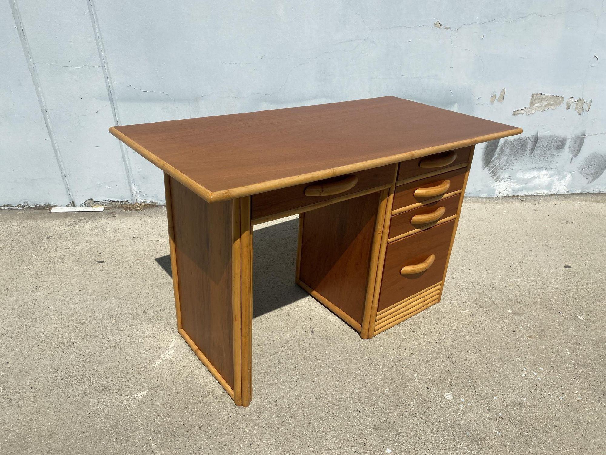 Restored Post-War Hawaiian Koa Wood Desk W/ Rattan Border For Sale at ...
