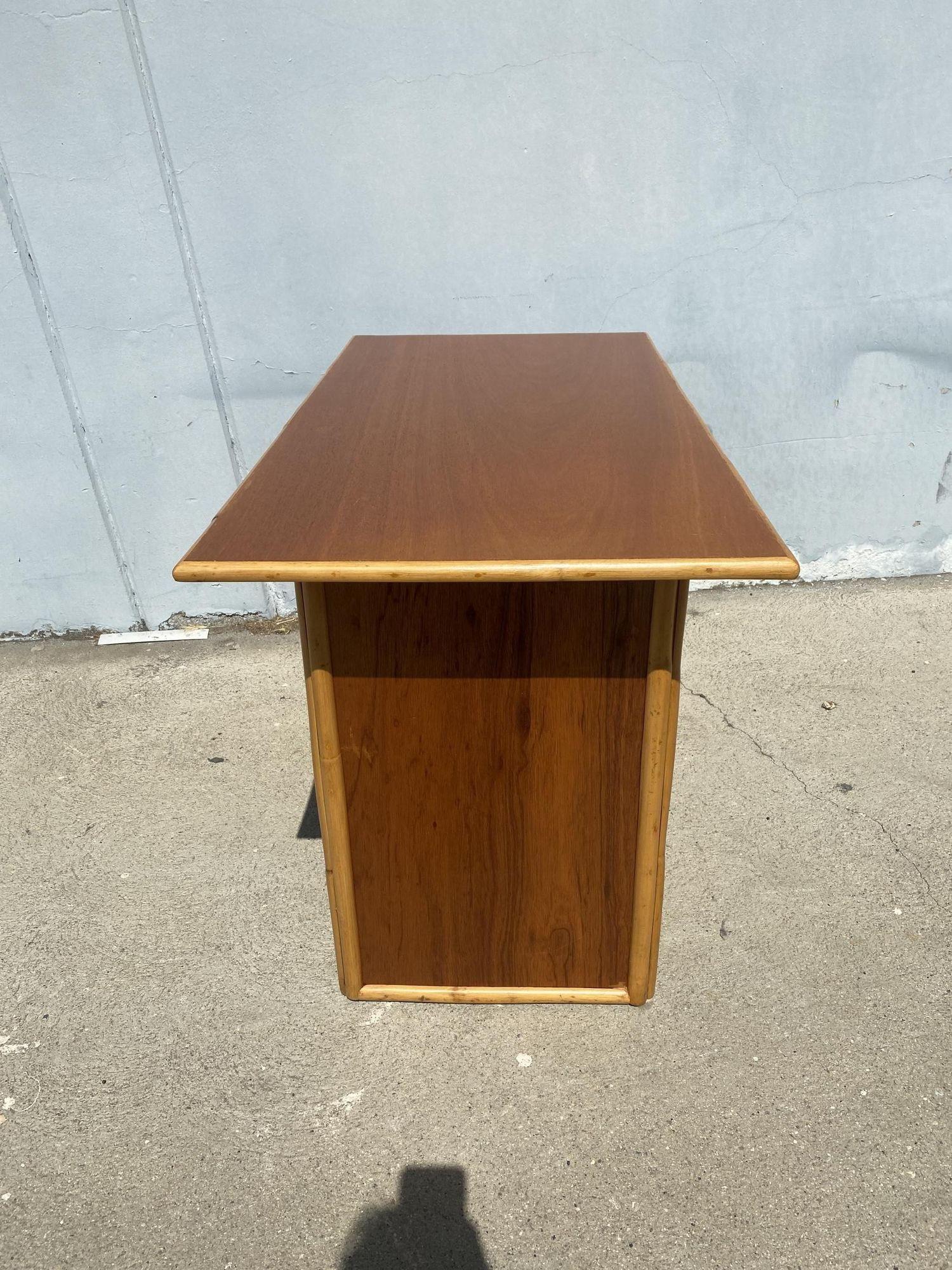 Restored Post-War Hawaiian Koa Wood Desk W/ Rattan Border For Sale at 1stDibs