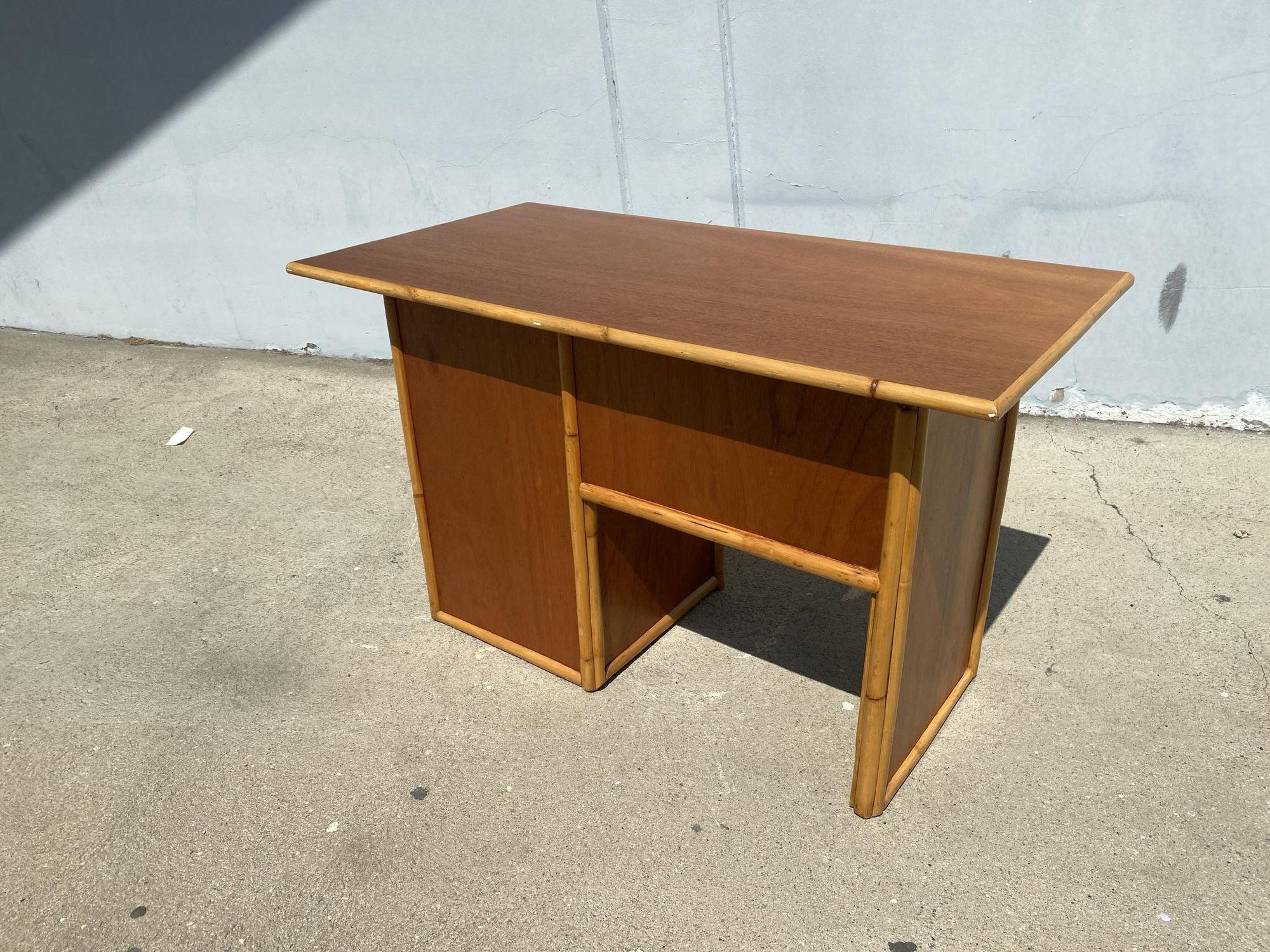 Restored Post-War Hawaiian Koa Wood Desk W/ Rattan Border For Sale at 1stDibs