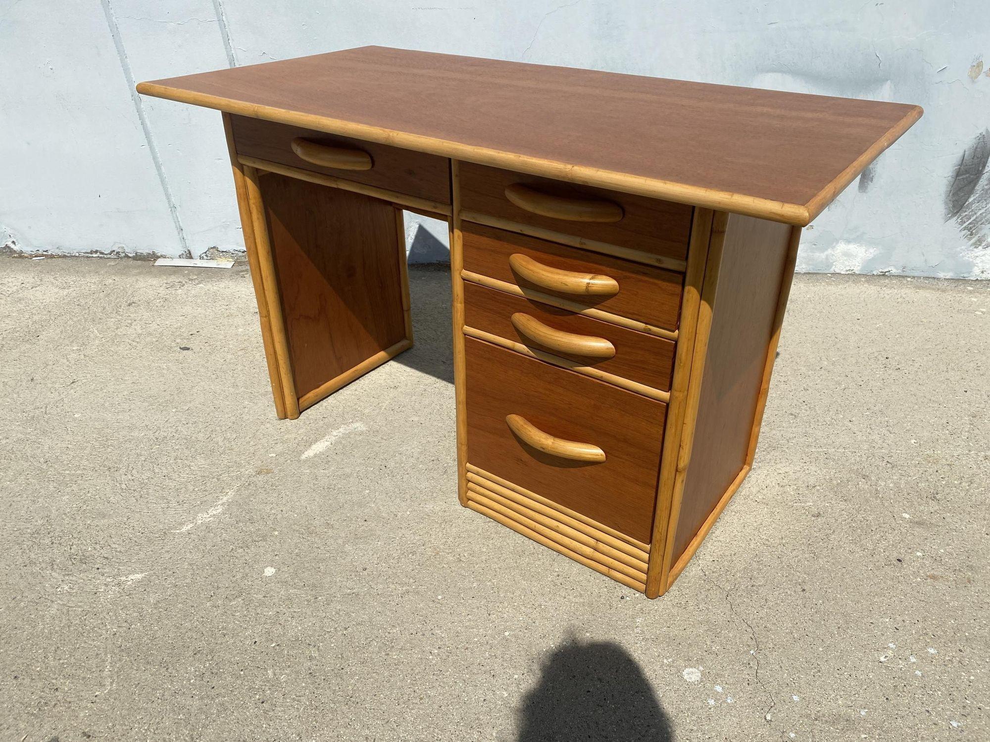 Restored Post-War Hawaiian Koa Wood Desk W/ Rattan Border For Sale at ...