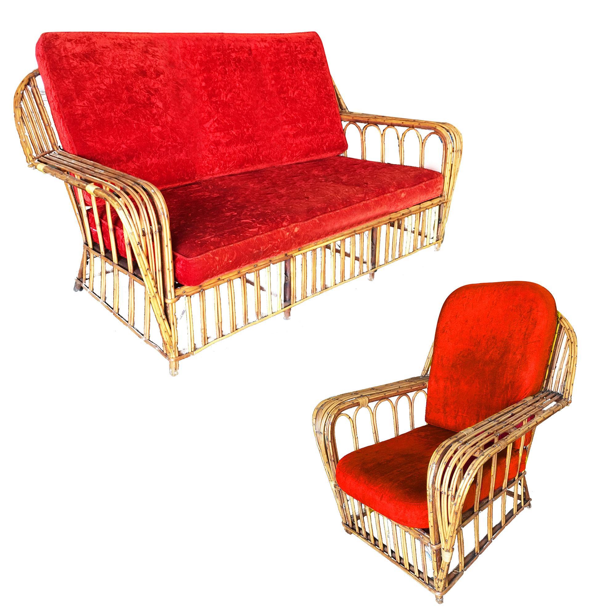 Restored "President's" Art Deco Stick Rattan Living Room Set at 1stDibs