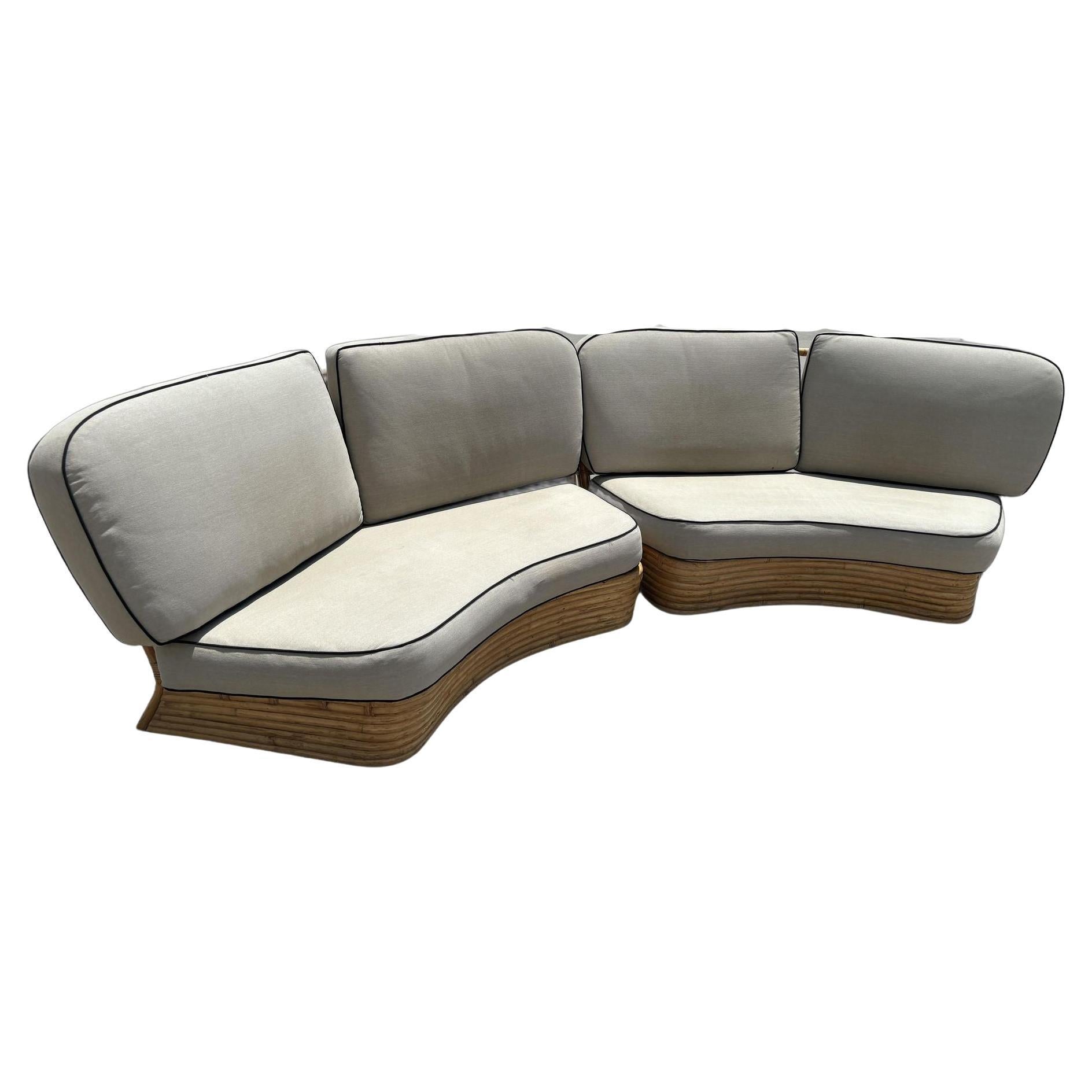 Restored 4 Person Curved Stacked Rattan Sectional Sofa For Sale at 1stDibs