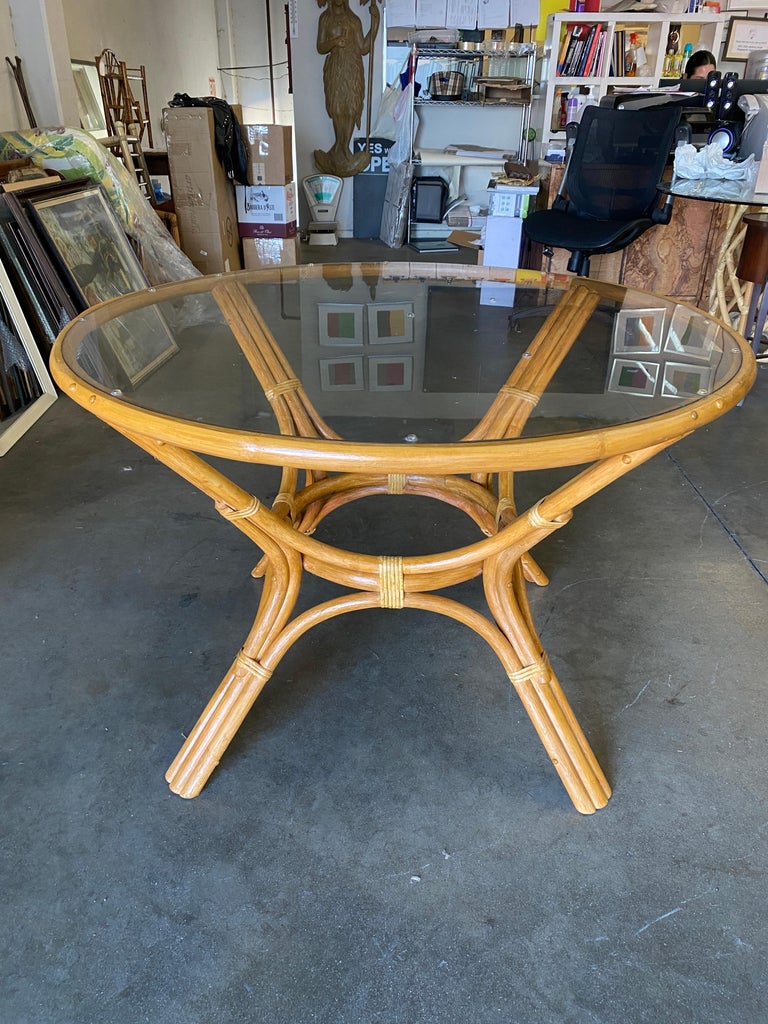 Restored Rattan Dining Table with Round Glass Top at 1stDibs