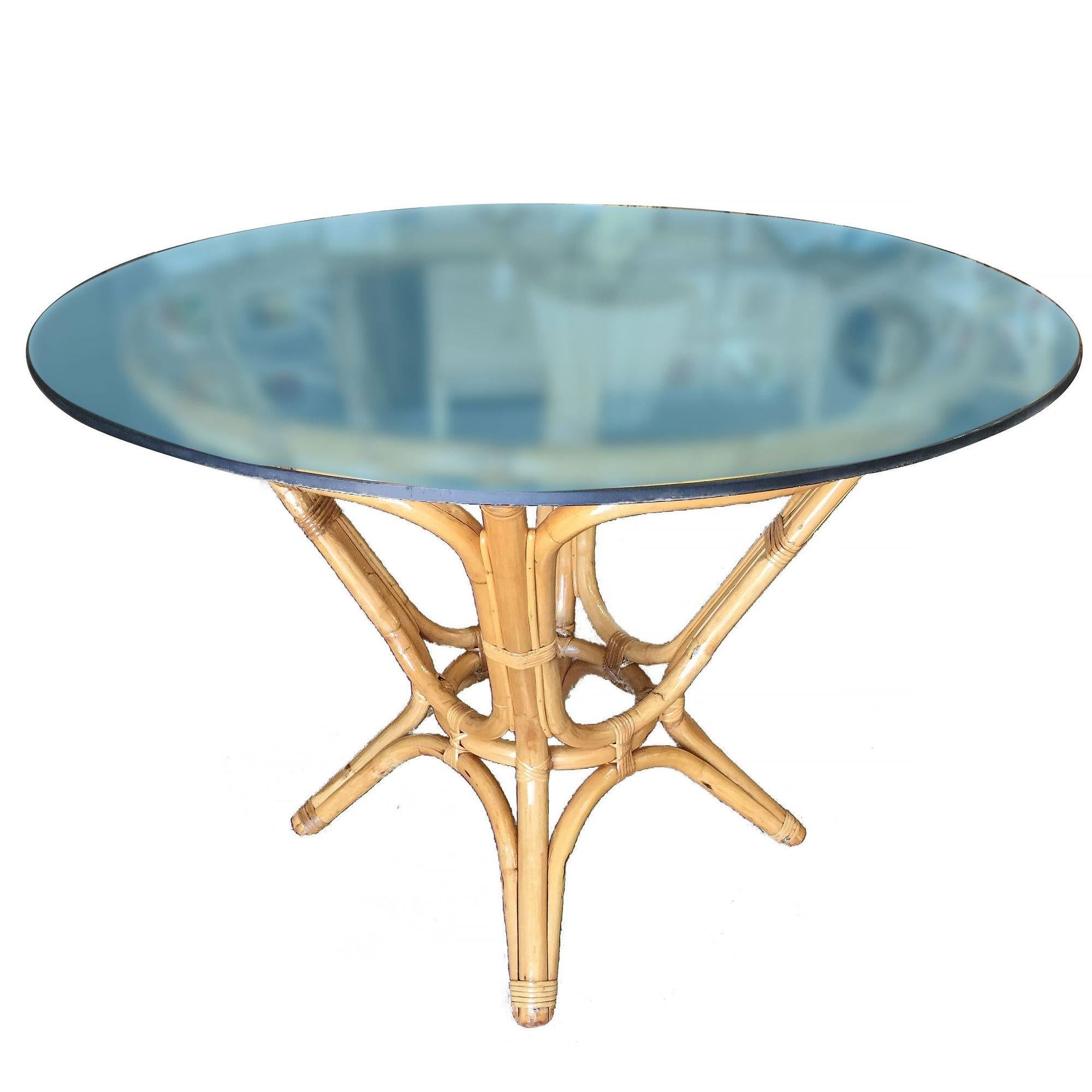 Restored Rattan Dining Table with Round Glass Top at 1stDibs