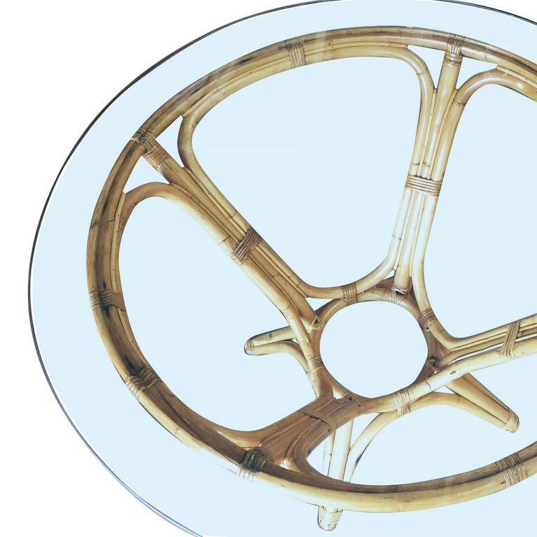 Restored Rattan Dining Table with Round Glass Top at 1stDibs