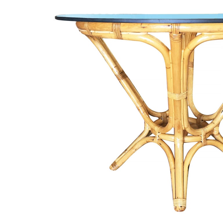 Restored Rattan Dining Table with Round Glass Top at 1stDibs