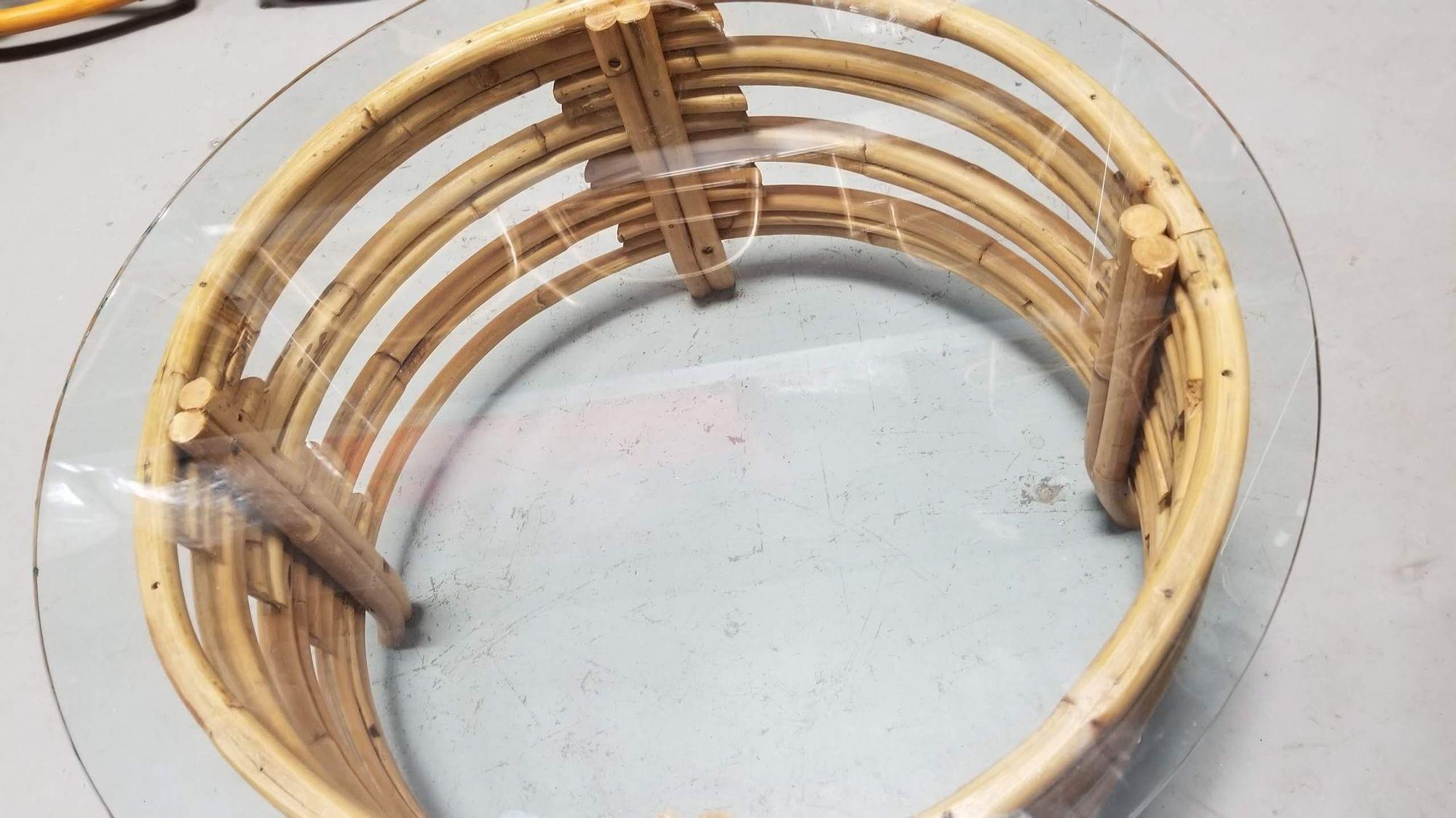 Restored Rattan Round Coffee Table with Glass Top and Stacked Base For ...