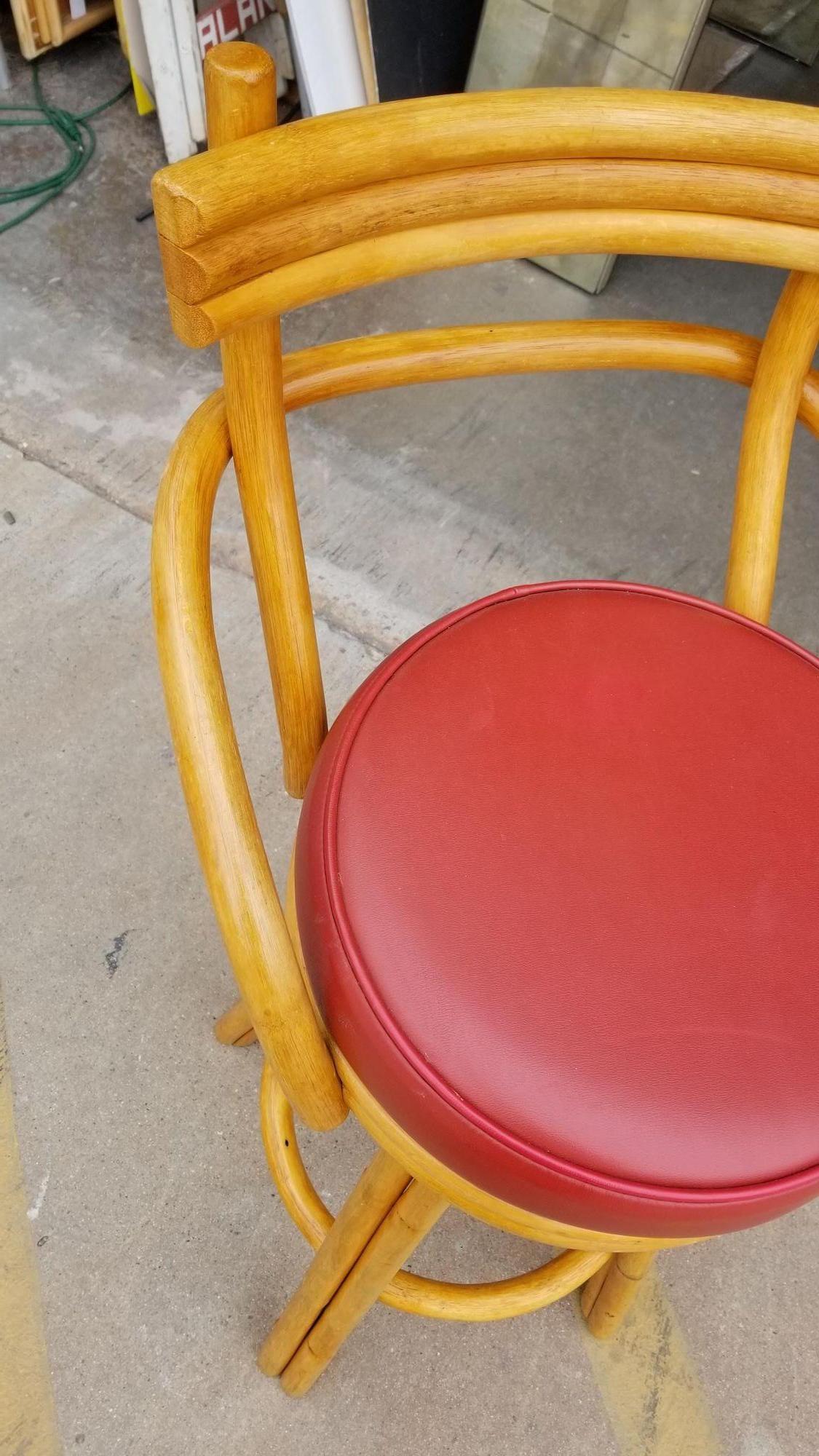 Restored Rattan Stacked Bar stools in Red, Set of 4 For Sale at 1stDibs