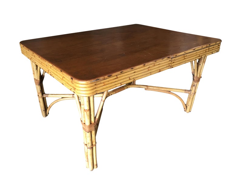 Restored Rectangle Rattan Dining Table with 5-Strand Stacked Mahogany ...