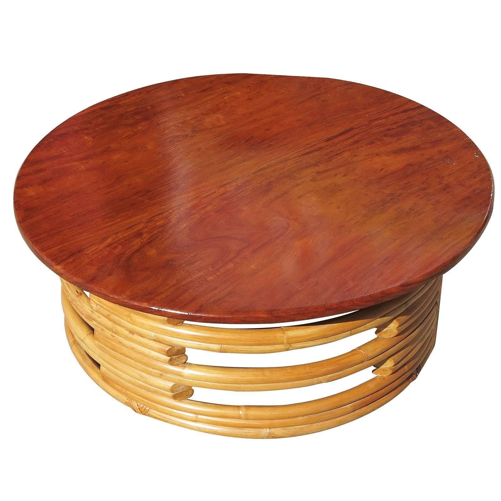Restored Round Rattan Coffee Table with Mahogany Top For Sale at 1stDibs