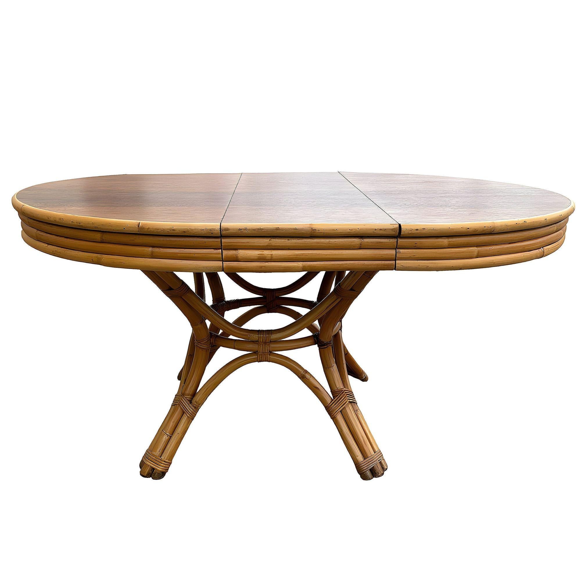 Restored Round Rattan and Mahogany Dining Table W/ Leaf For Sale at 1stDibs