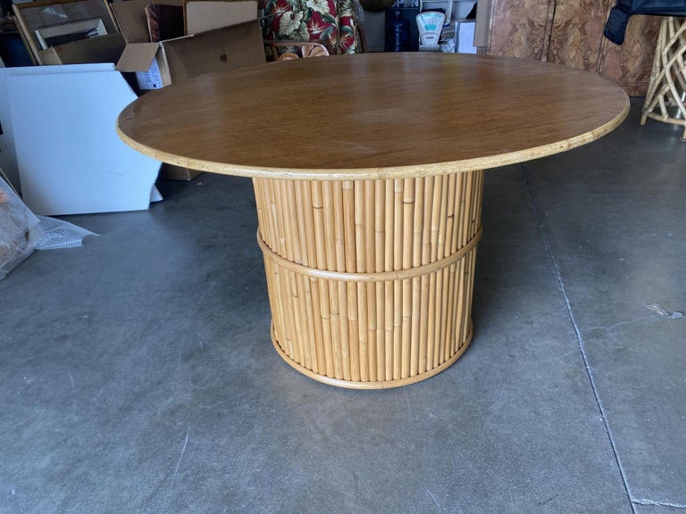 Restored Round Stacked Rattan Pedestal Dining Table Mahogany Top For ...