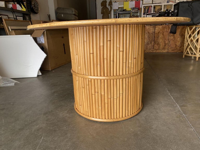 Restored Round Stacked Rattan Pedestal Dining Table Mahogany Top For ...