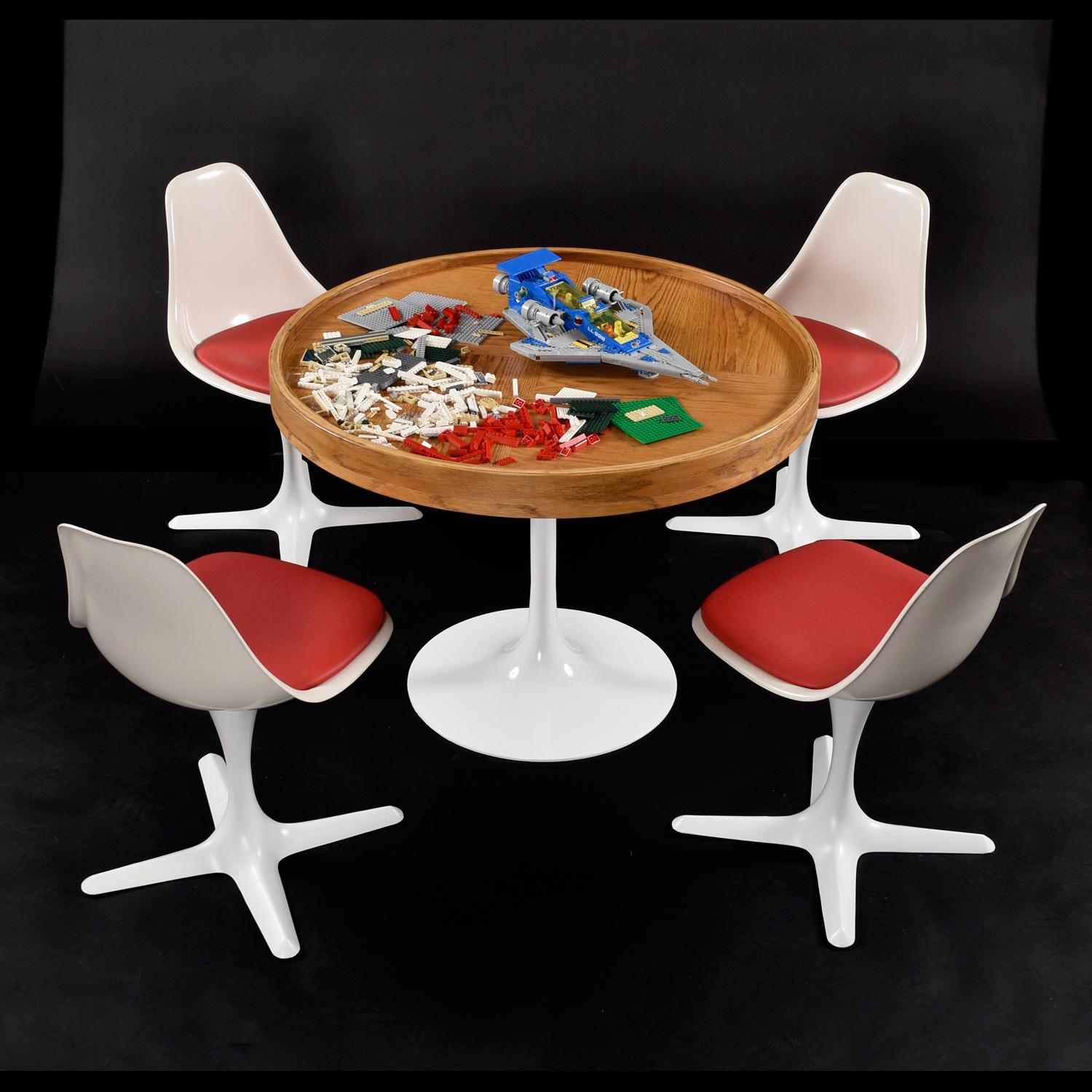Restored Saarinen Base Oak Top Lego Gaming Table Set With 4 Burke Tulip ...