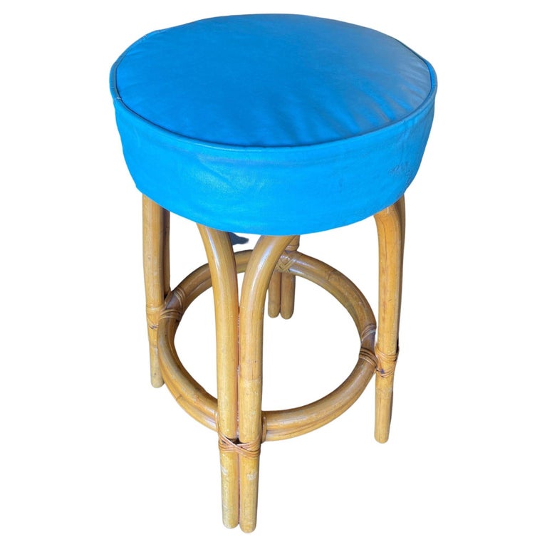 Restored Single Stand Arched Rattan Bar Stool w/ Teal Green Seat, Set ...