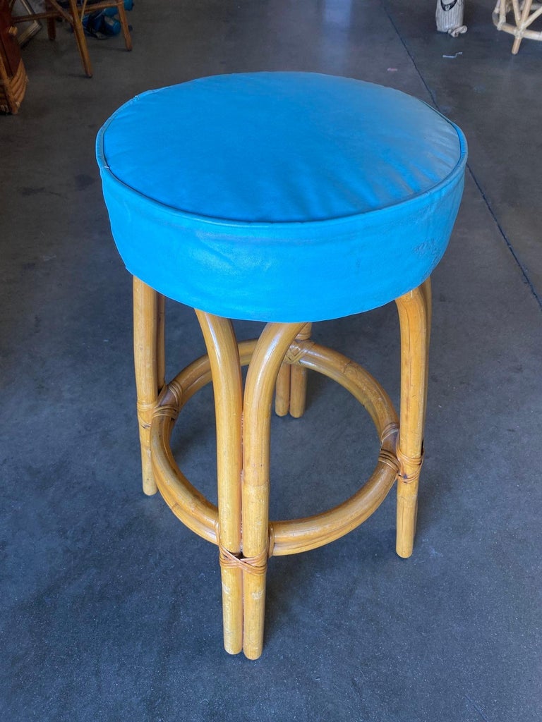 Restored Single Stand Arched Rattan Bar Stool w/ Teal Green Seat, Set ...