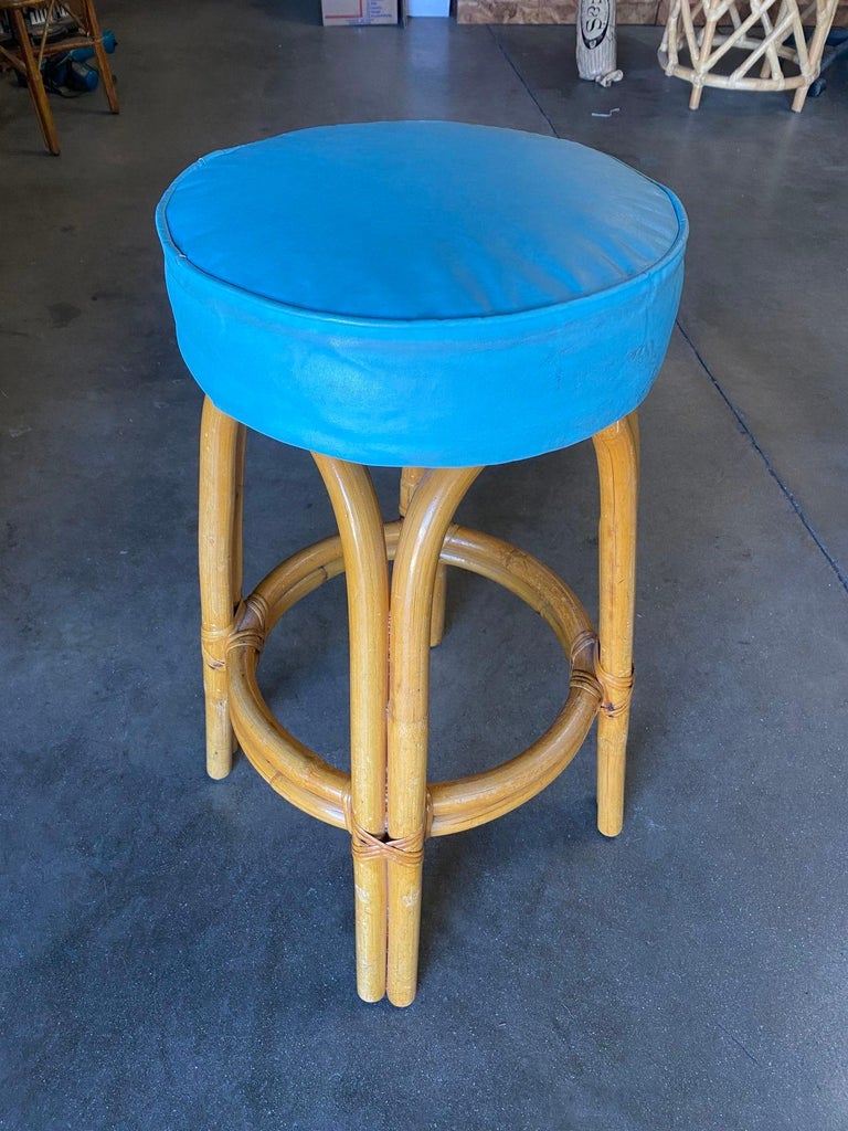 Restored Single Stand Arched Rattan Bar Stool w/ Teal Green Seat, Set ...